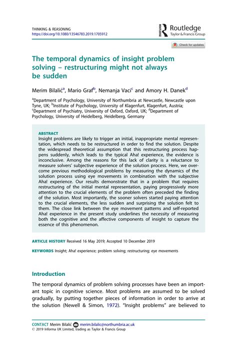 pdf the temporal dynamics of insight problem solving restructuring