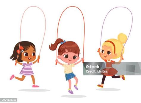 행복 한 귀여운 어린이 소녀들이 줄넘기를 합니다 줄넘기를 하는 아이들의 만화 그림 벡터 아이에 대한 스톡 벡터 아트 및 기타