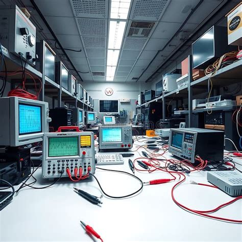 Wide Angle Shot Of A High Tech Electronics Lab With Oscilloscopes