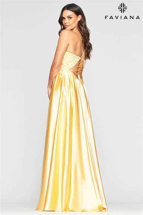 Yellow Long Flowy Prom Dress With Lace Bustier And Corset Back Faviana
