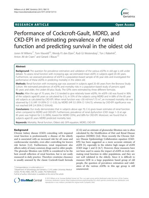 Pdf Performance Of Cockcroft Gault Mdrd And Ckd Epi In Estimating