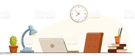 흰색 사무실 또는 가정 작업 장소 벡터 현대 일러스트 빈 의자 아무도 빈 작업 개념 직장을위한 편안한 공간을 통해 고립 된 작업 책상 플랫 일러스트 개발에 대한 스톡 벡터