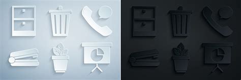 냄비 사무실 스테이플러 그래프 일정 차트 다이어그램 인포 그래픽 파이 그래프 휴지통 및 보관 서류 서랍 아이콘이있는 프리젠