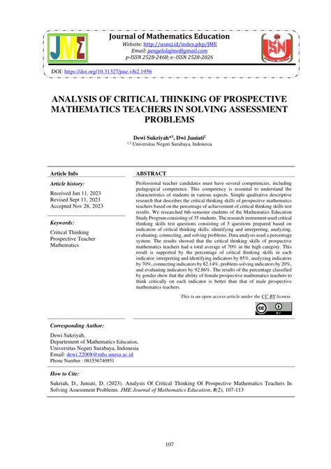 Pdf Analysis Of Critical Thinking Of Prospective Mathematics Teachers In Solving Assessment