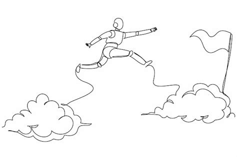 Premium Vector Continuous One Line Drawing Robots Jump Over Clouds To
