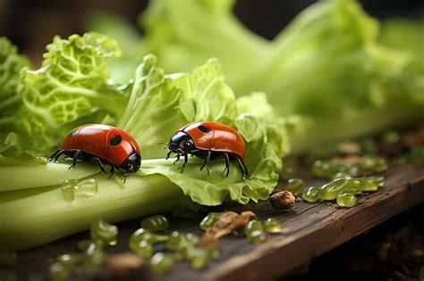 Ladybug Crawling Over A Celery Leave Premium Ai Generated Image