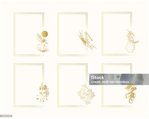 일본 미술 컬렉션 키츠네 가면 용 잉어 물고기 학 사무라이 카타나가 있는 6개의 직사각형 프레임으로 구성된 황금 세트 인사말 카드와 초대장에 대한 벡터 격리된 테두리 그래픽