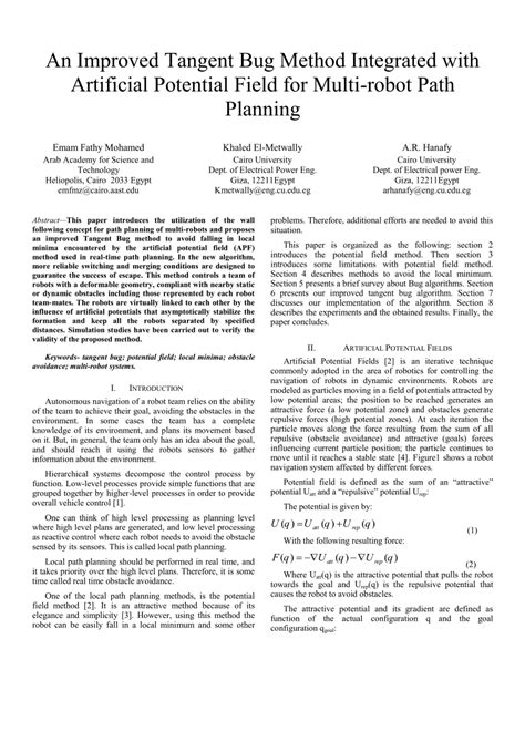 Pdf An Improved Tangent Bug Method Integrated With Artificial Potential Field For Multi Robot