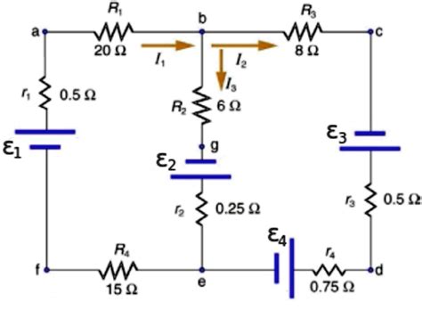ℰ1 R1 R3 B A C 20 8 I1 I2 F I3 05 R2 6 ℰ3 G ℰ2 R4 15 R3 05 025 R2 ℰ4 R4 D E 075