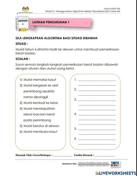 Algoritma Pseudokod Tmk Tahun 6 Interactive Worksheet Live Worksheets