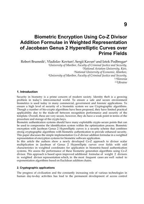 Pdf Biometric Encryption Using Co Z Divisor Addition Formulae In Weighted Representation Of