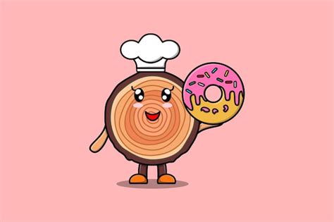 귀여운 만화 나무 트렁크 요리사 캐릭터 도넛 프리미엄 벡터