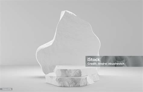 회색 배경에 모양 바위에 거친 질감 가장자리와 슬래브와 흰색 돌 판 연단 깨진 콘크리트 블록 3d 렌더 일러스트레이션 디스플레이 제품을 위한 빈 스테이지 플랫폼 또는 받침대