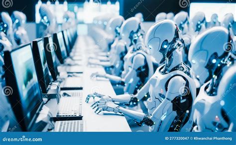 White Ai Robot Working And Looking On Monitor Creen Computer Lab High