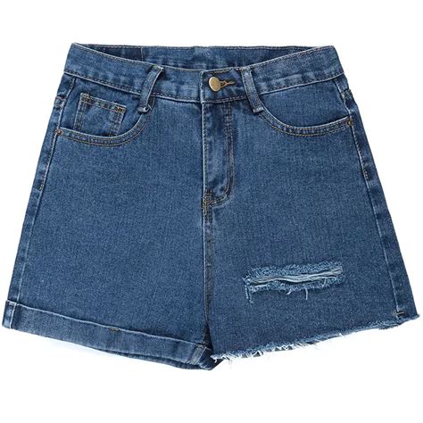 Women Broken Holes Denim Shorts High Waist Casual Wide Leg Woolen Edge