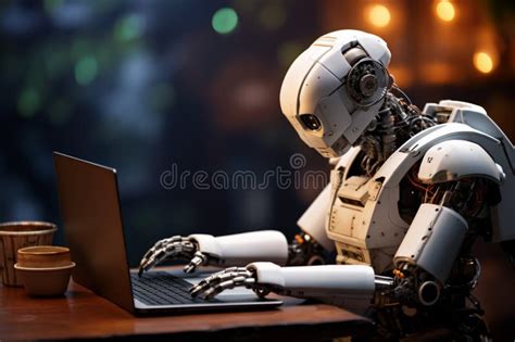 Robot Occupies A Desk Engaged With A Laptop In Focused Work Stock Illustration Illustration