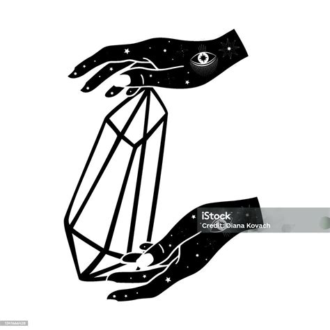 다이아몬드 눈 별과 손으로 그린 여자 손 라인 아트 영적 상징 천체 공간 매직 부적 앤티크 스타일 보헤미안 문신 로고 흰색 배경에 격리된 벡터 그림 검은색에 대한 스톡 벡터
