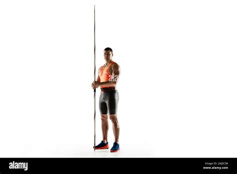 Male Athlete Practicing In Throwing Javelin Isolated On White Background Professional Sportsman