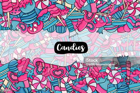 사탕과 과자 만화 낙서 디자인 광고 배너 전단지 소책자 또는 인사말 카드에 대 한 귀여운 배경 개념 개념에 대한 스톡 벡터 아트 및 기타 이미지 Istock