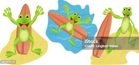 서핑 보드 표류 및 서핑을 즐기는 만화 개구리의 그림 재미있는 개구리가 서서 손을 들고 한 손으로 서핑 보드를 들고 있습니다 개구리와 재미있는 행동의 집합 개구리에 대한