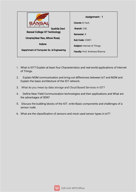 CS IOT Assignment Sushila Devi Bansal College Of Technology Umaria Near Rau Mhow Road