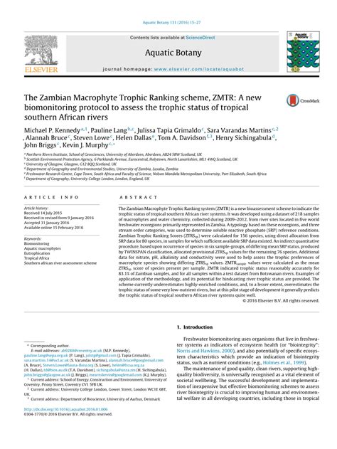 Pdf The Zambian Macrophyte Trophic Ranking Scheme Zmtr A New Biomonitoring Protocol To
