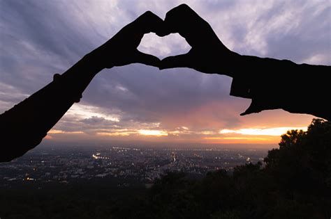 실루엣 커플 손을 들어 아름 다운 저녁 풍경 배경에 하트 모양을 만듭니다 개념 만들기 손 모양의 하트 기호는 연인과 친구에 대한 사랑 우정 및 친절을 표현합니다 2명에 대한