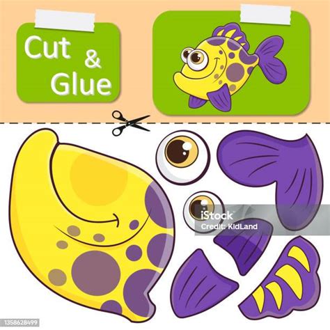 종이 물고기를 자르고 붙입니다 응용 프로그램을 만화 재미 열대 물고기를 만듭니다 어린이를위한 교육 수수께끼 엔터테인먼트와 오락 아이 로직 게임 활동 퍼즐 유치원 워크시트