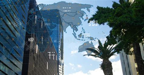 Animation Of Map And Circuit Board Pattern Over Modern Buildings