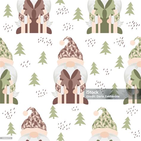 메리 크리스마스와 새해 벡터 일러스트 레이 션과 귀여운 손으로 그린 스칸디나비아 난쟁이 요정 완벽 한 패턴 흰색 배경에 고립되어 있습니다 카드 또는 포스터 인쇄 휴일 장식을