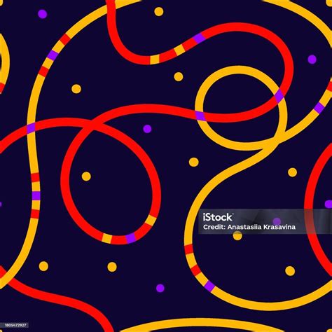 어두운 배경에 밝은 빨간색과 노란색 물결 모양의 선이 있는 순진한 매끄러운 구불구불한 패턴입니다 크리 에이 티브 추상 물결 스타일 그리기 배경입니다 0명에 대한 스톡 벡터