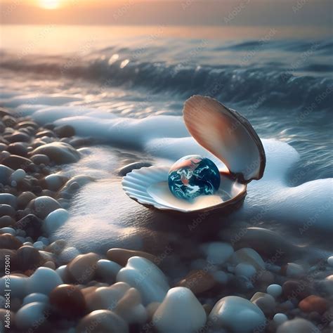 Blue Earth Planet Inside A Oyster Shell Washed Ashore On A Beach On The Seashore Treasure