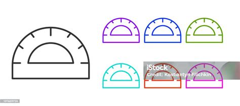 흰색 배경에서 격리된 도 아이콘을 측정하기 위한 블랙 라인 Pro트랙터 그리드입니다 기울기 각도 미터 측정 도구 기하학적 기호 다채로운 아이콘을 설정합니다 벡터 각도에 대한