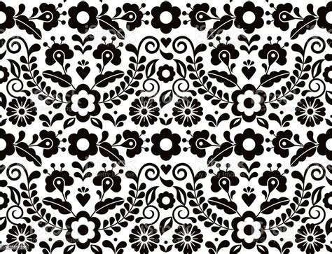 멕시코 꽃 모리프 흑백 섬유 또는 멕시코의 전통적인 자수 공예품에서 영감을 얻은 직물 인쇄 디자인이있는 완벽한 벡터 패턴 패턴에 대한 스톡 벡터 아트 및 기타 이미지