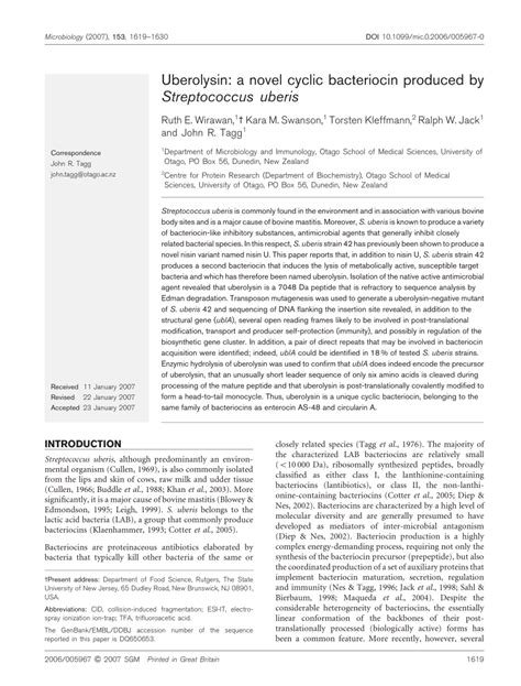 Pdf Uberolysin A Novel Cyclic Bacteriocin Produced By Streptococcus