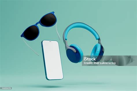 휴대 전화에서 음악 듣기 청록색 배경에 스마트 폰 헤드폰 및 안경 3d 렌더링 걷기에 대한 스톡 사진 및 기타 이미지 걷기 듣기 레저 활동 Istock