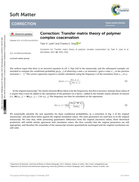 Pdf Correction Transfer Matrix Theory Of Polymer Complex Coacervation