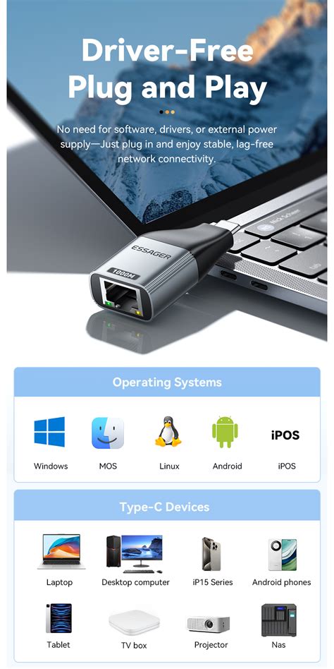 Essager Ethernet Adapter Type C To M M Network Adapter For Laptop Phone Projector