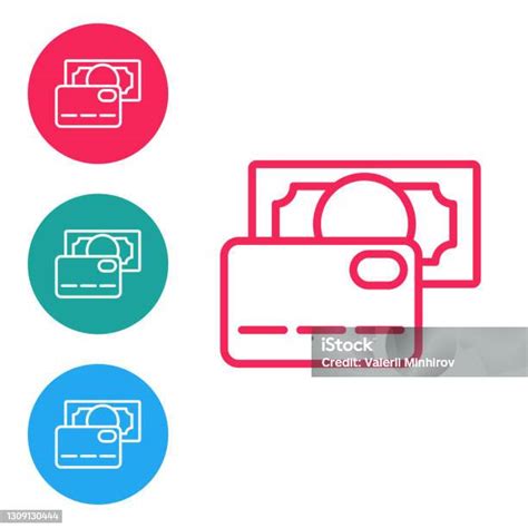 흰색 배경에 격리 된 레드 라인 신용 카드 아이콘 온라인 결제 현금 인출 재무 운영 쇼핑 표지판 원 버튼에 아이콘을 설정합니다