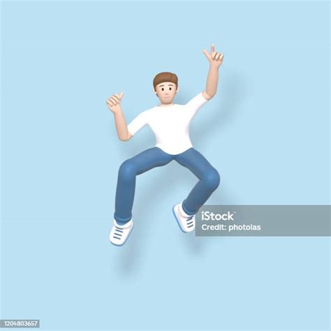 3d 렌더링 캐릭터는 파란색 배경에서 점프하고 춤을 추는 젊고 행복하고 쾌활한 남자입니다 추상 최소한의 개념 청소년 대학 학교 행복 성공 승리 디지털 생성 이미지에 대한