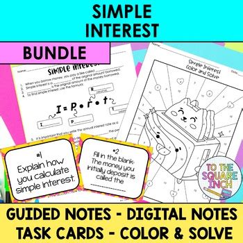 Simple Interest Notes Activities Digital Notes Task Cards Color Solve