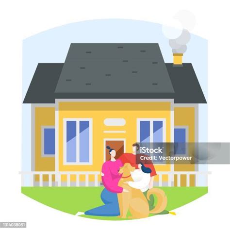 자신의 개인 집 근처 젊은 가족 캐릭터 엄마 아빠 딸과 개는 흰색에 고립 된 녹색 잔디 플랫 벡터 일러스트레이션을 앉아 가정 생활에 대한 스톡 벡터 아트 및 기타 이미지