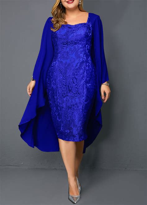 Plus Size Chiffon Cardigan And Sleeveless Lace Dress Lace Blue Dress