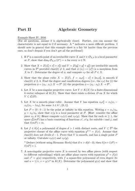 Algebraic Geometry 2016 2017 Example Sheet 4 Part Ii Algebraic Geometry Example Sheet Iv 2016
