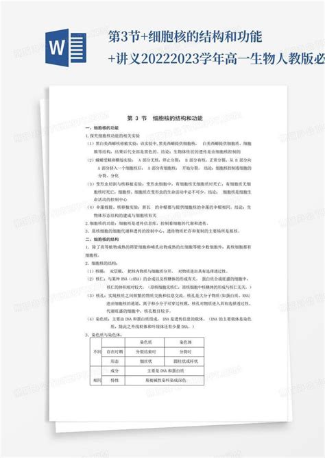 第3节 细胞核的结构和功能 讲义 2022 2023学年高一生物人教版必修1 Word模板下载 编号ljxoarvk 熊猫办公