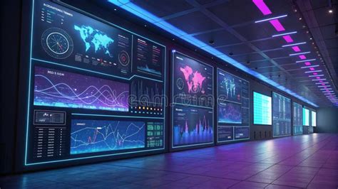 Futuristic Data Center Corridor With Glowing Screens Displaying Global Network Analytics Stock