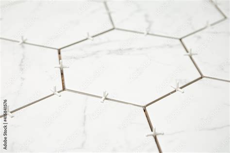 Bathroom Renovation Ceramic Hexagonal Tile Laying Interior Finishing Works Stock Photo
