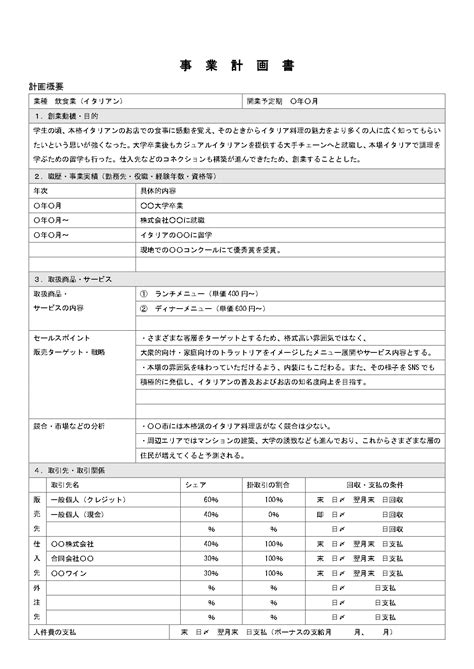 イタリアンの事業計画書・創業計画書のテンプレート マネーフォワード クラウド会社設立