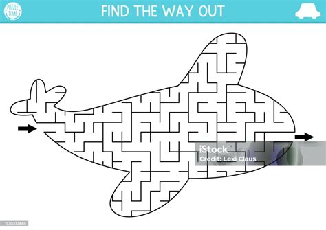 아이들을 위한 교통 기하학적 미로 비행기 모양의 유치원 인쇄 가능한 활동 비행기를 탄 아이들을 위한 간단한 항공 운송 미로 게임 또는 퍼즐 미로찾기에 대한 스톡 벡터 아트
