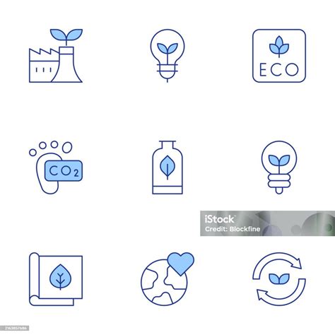 생태학 아이콘 세트입니다 라인 이중톤 스타일 편집 가능한 스트로크 생태학 에코 에코 라이트 친환경 탄소 발자국 에코 팩토리 포장 전구 0명에 대한 스톡 벡터 아트 및 기타